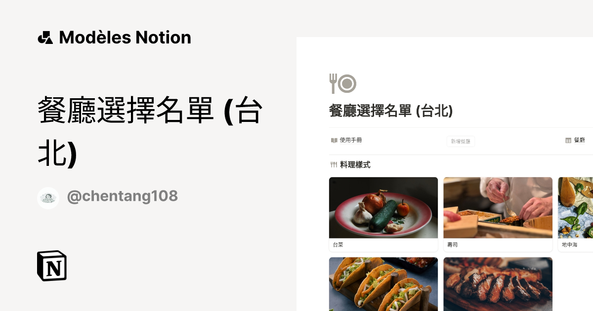餐廳選擇名單 (台北) | Modèle créé par Fiona | Marketplace Notion