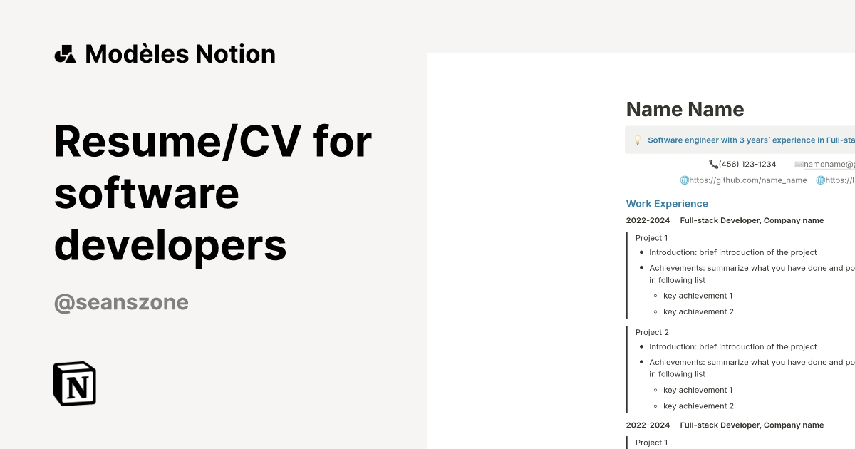 Modèle Resume/CV for software developers | Marketplace Notion