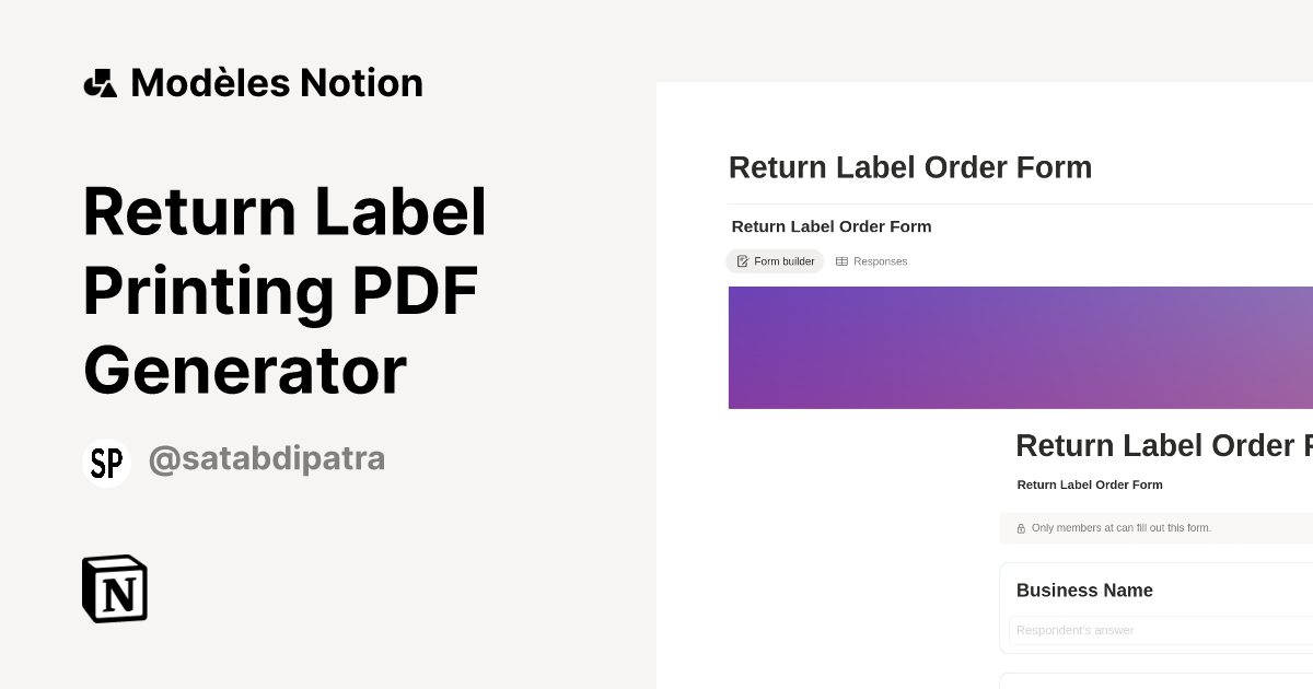 Modèle Return Label Printing PDF Generator | Marketplace Notion