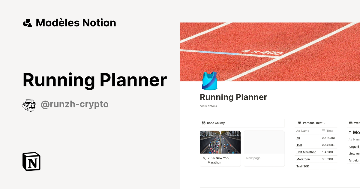 Running Planner | Modèle créé par runzh-crypto | Marketplace Notion