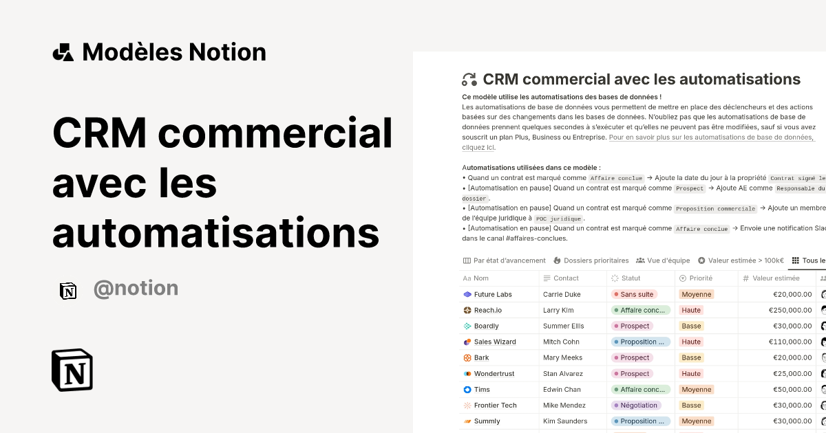 Modèle CRM commercial avec les automatisations 2025 | Marketplace Notion