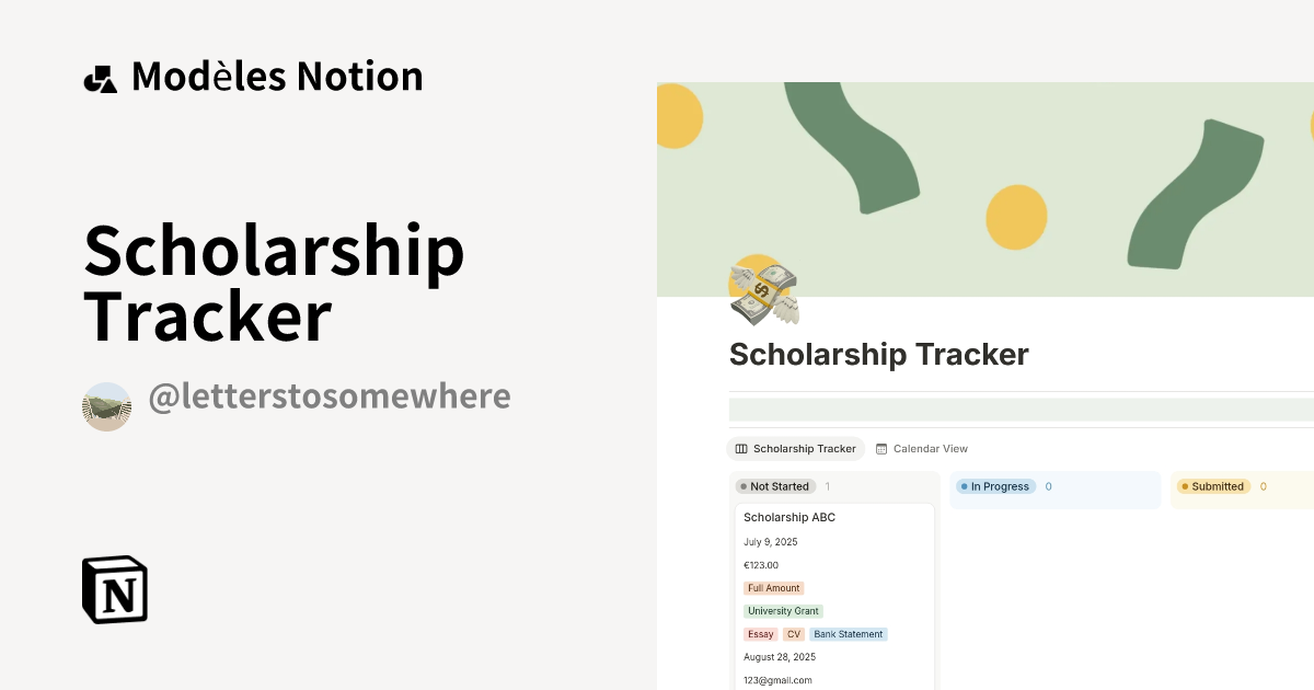 Scholarship Tracker | Modèle créé par Letters To Somewhere | Marketplace Notion