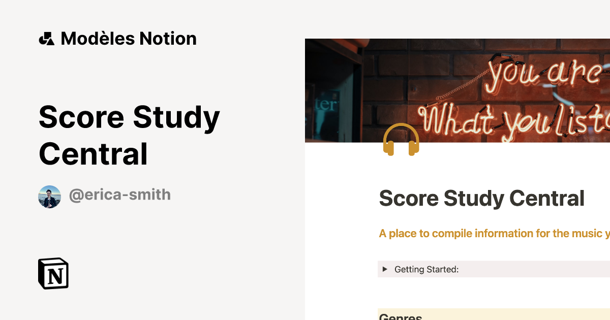 Score Study Central | Modèle créé par Erica Smith | Marketplace Notion