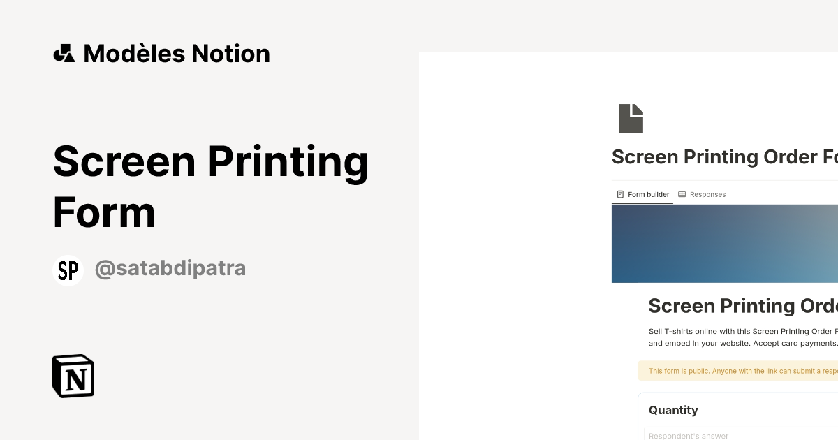 Modèle Screen Printing Form | Marketplace Notion