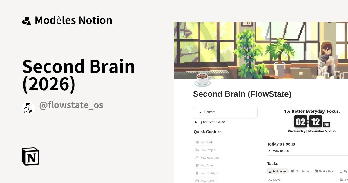 Second Brain (2026) | Modèle créé par FlowState | Marketplace Notion