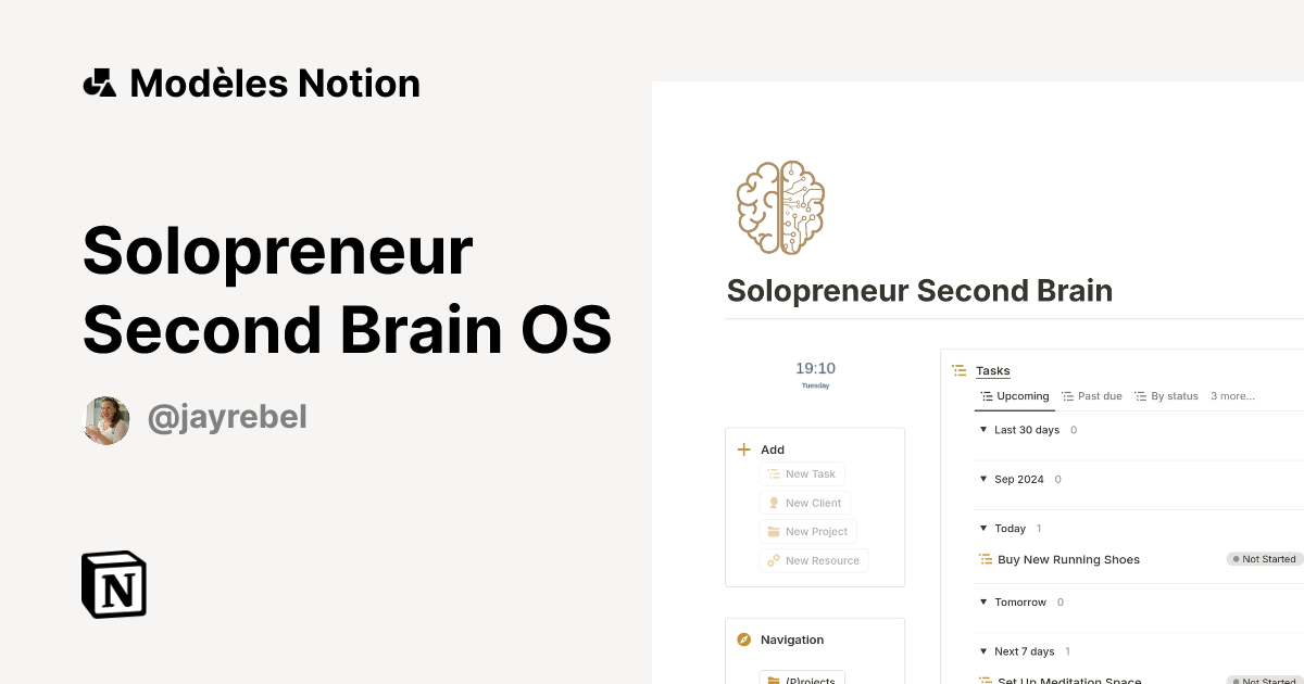 Solopreneur Second Brain OS | Modèle créé par Jay | Marketplace Notion