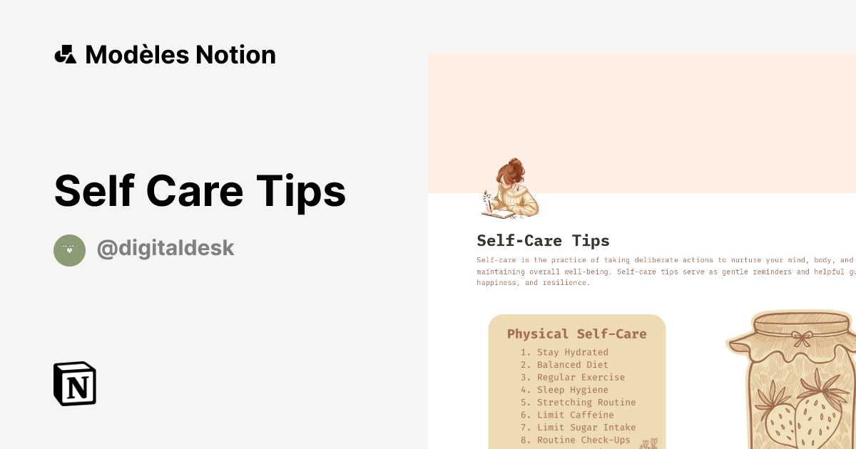 Self Care Tips | Modèle créé par Digital Desk | Marketplace Notion