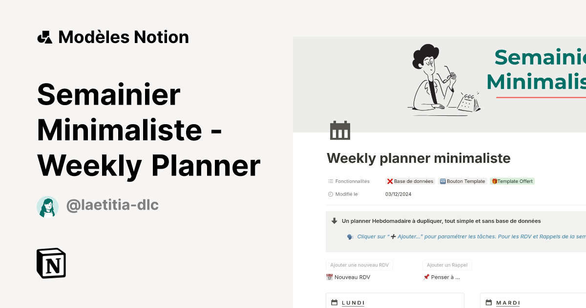 Modèle Semainier Minimaliste - Weekly Planner | Marketplace Notion