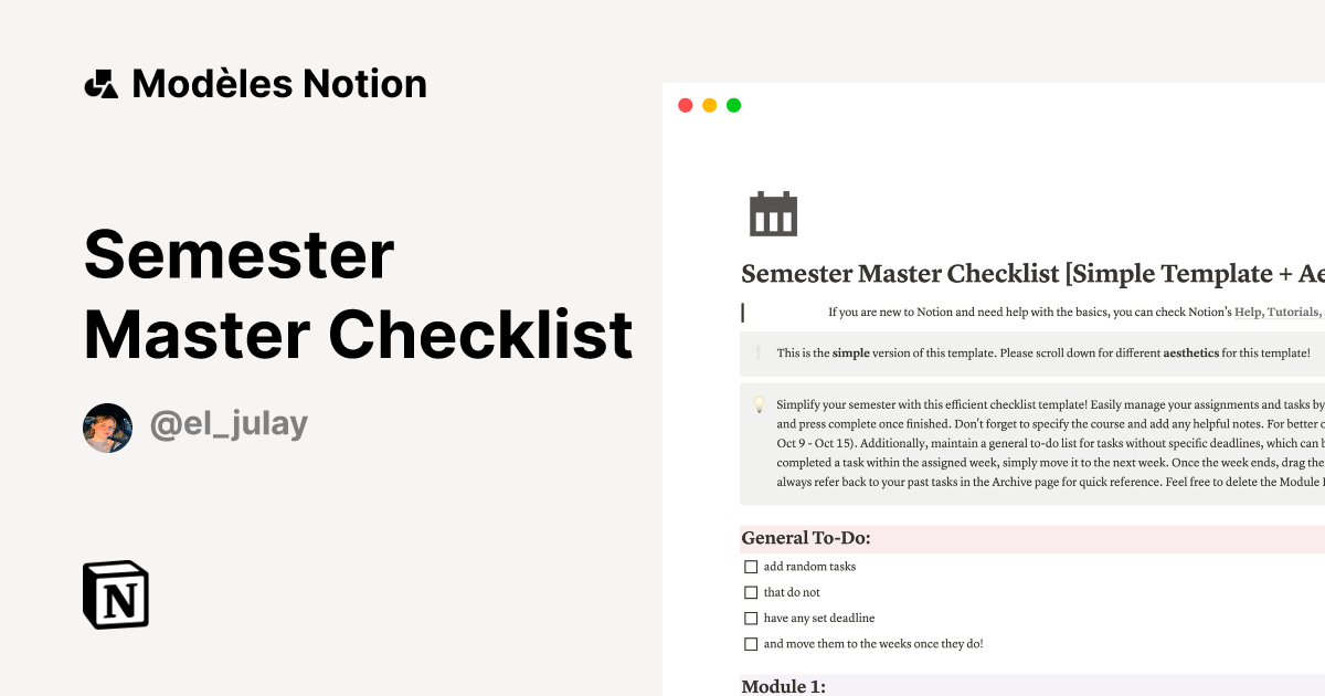 Semester Master Checklist | Modèle créé par EL Julay | Marketplace Notion