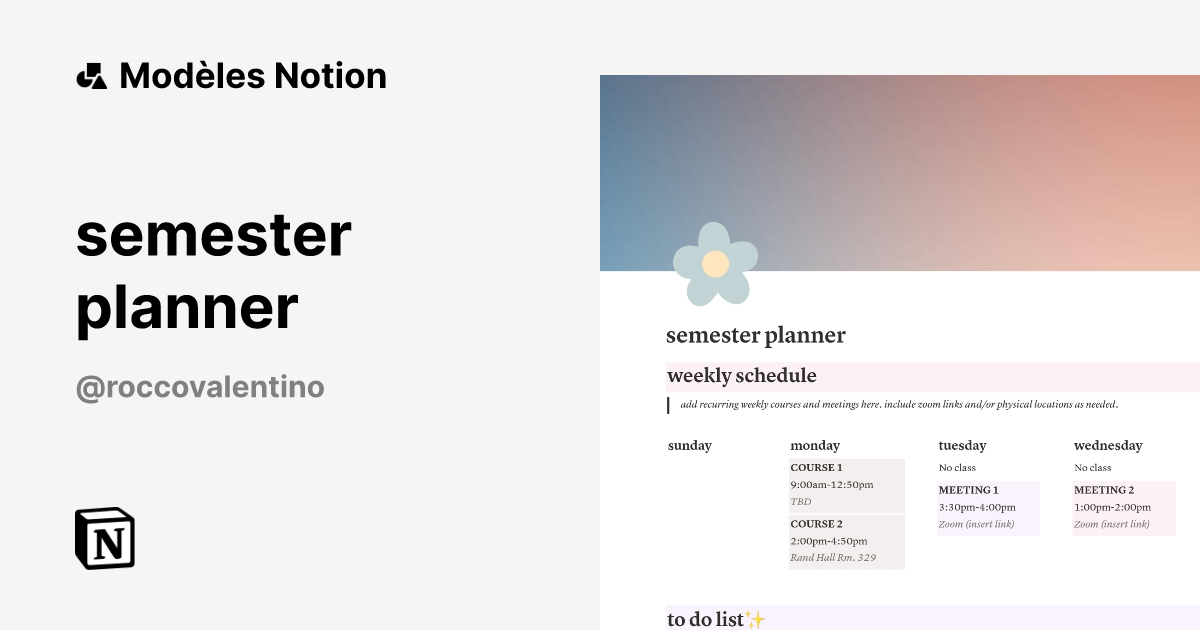 semester planner | Modèle créé par Rocco Valentino | Marketplace Notion