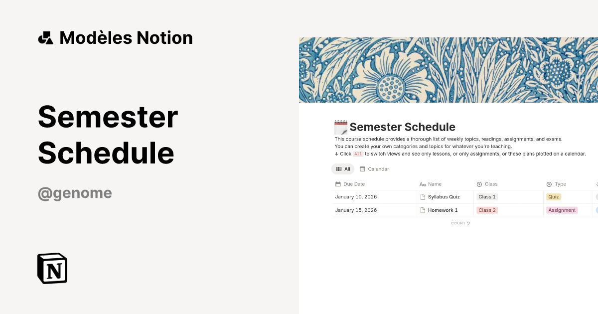 Semester Schedule | Modèle créé par Genome Organizes | Marketplace Notion