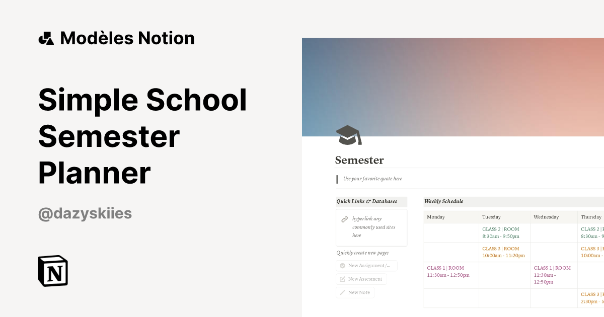 Simple School Semester Planner | Modèle créé par Dee | Marketplace Notion