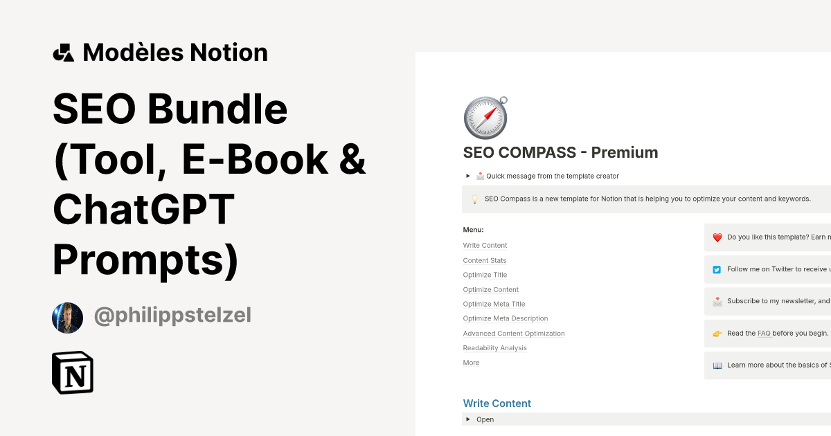 SEO Bundle (Tool, E-Book & ChatGPT Prompts) | Modèle créé par Philipp Stelzel | Marketplace Notion