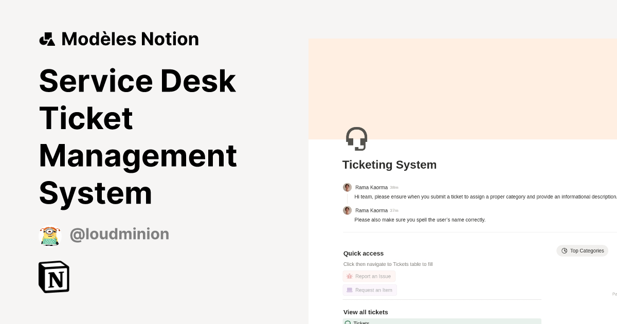 Service Desk Ticket Management System | Modèle créé par Loud Minion | Marketplace Notion