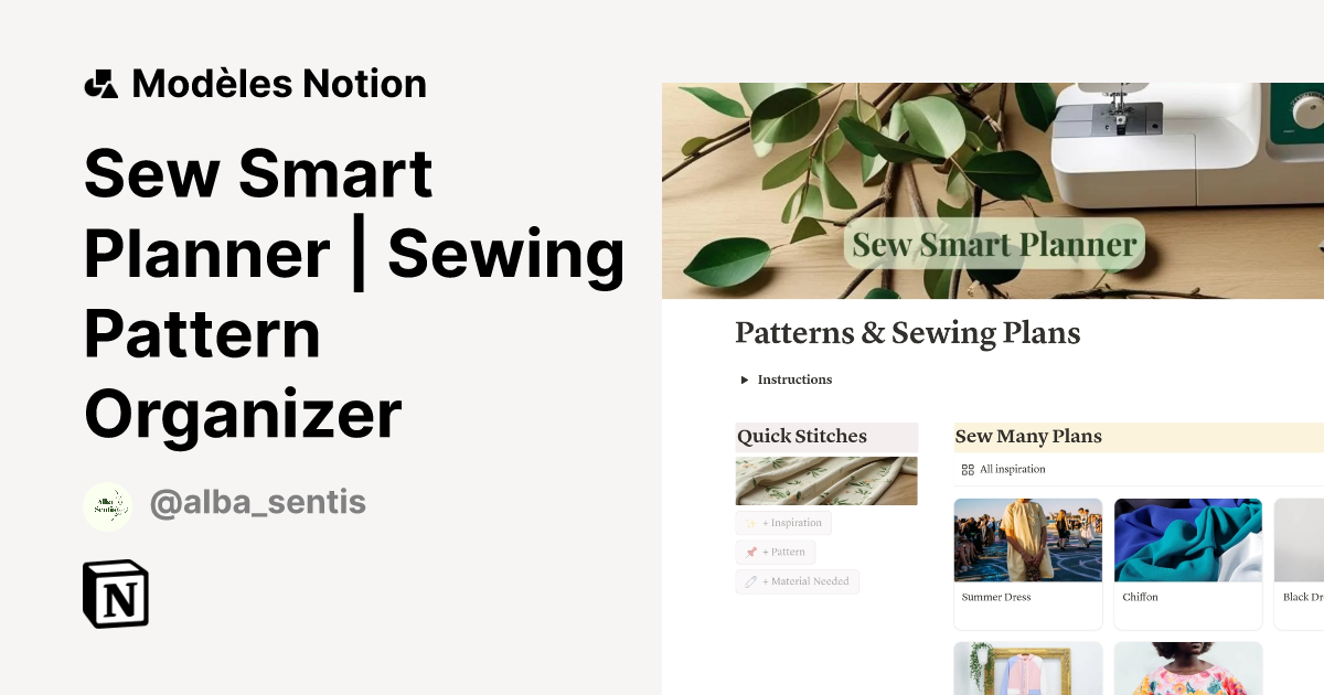 Sew Smart Planner | Sewing Pattern Organizer | Modèle créé par Alba Sentis | Marketplace Notion