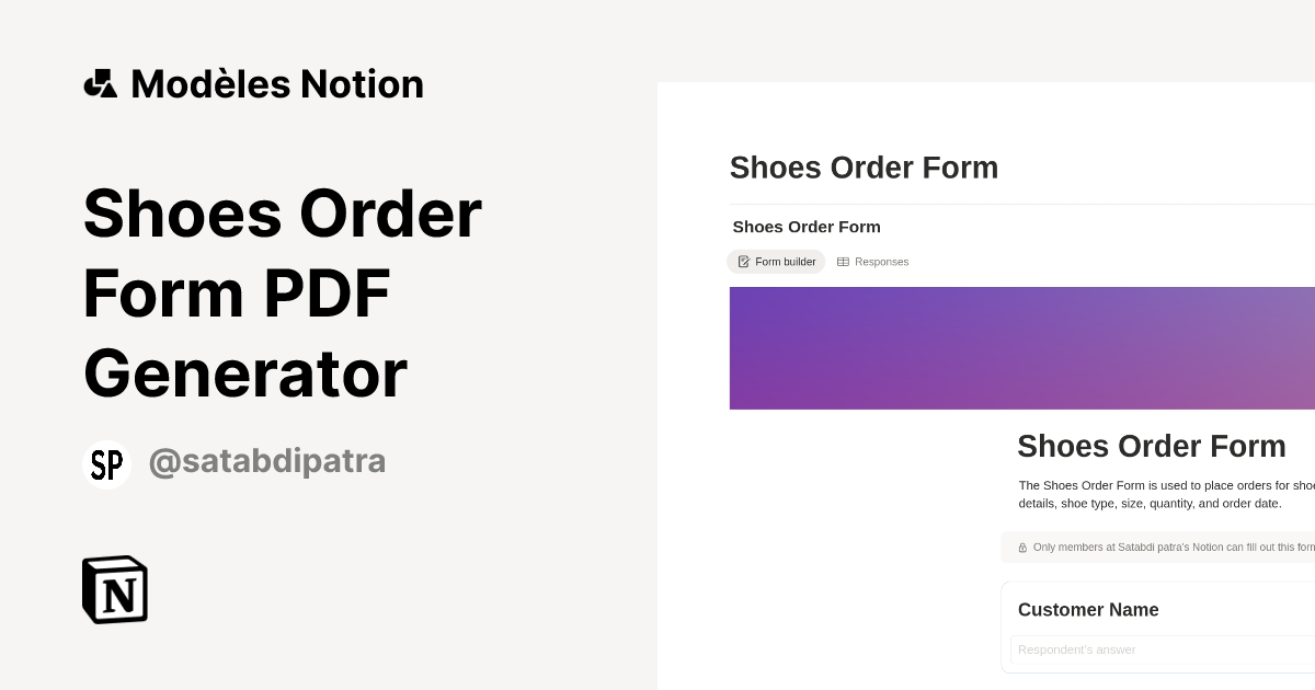 Modèle Shoes Order Form PDF Generator | Marketplace Notion