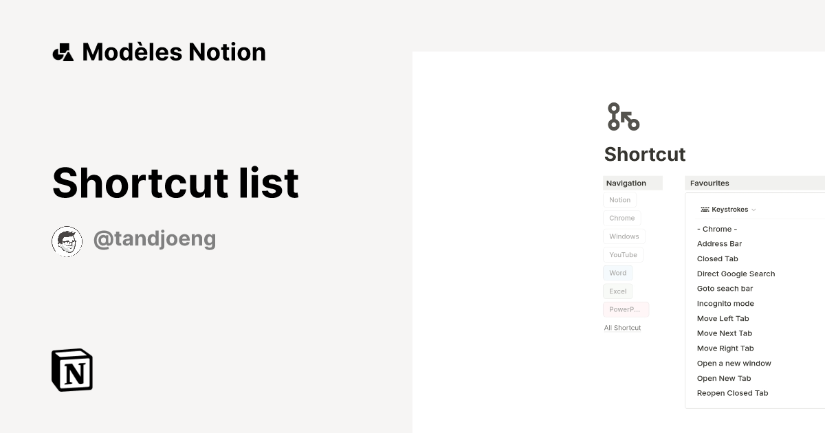 Modèle Shortcut list | Marketplace Notion
