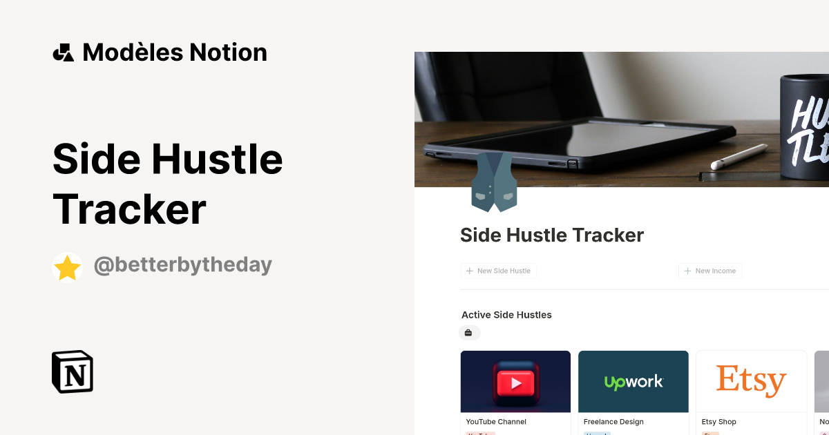 Side Hustle Tracker | Modèle créé par Better By The Day | Marketplace Notion