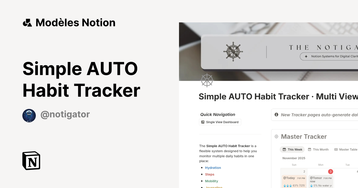 Simple AUTO Habit Tracker | Modèle créé par The Notigator | Marketplace ...
