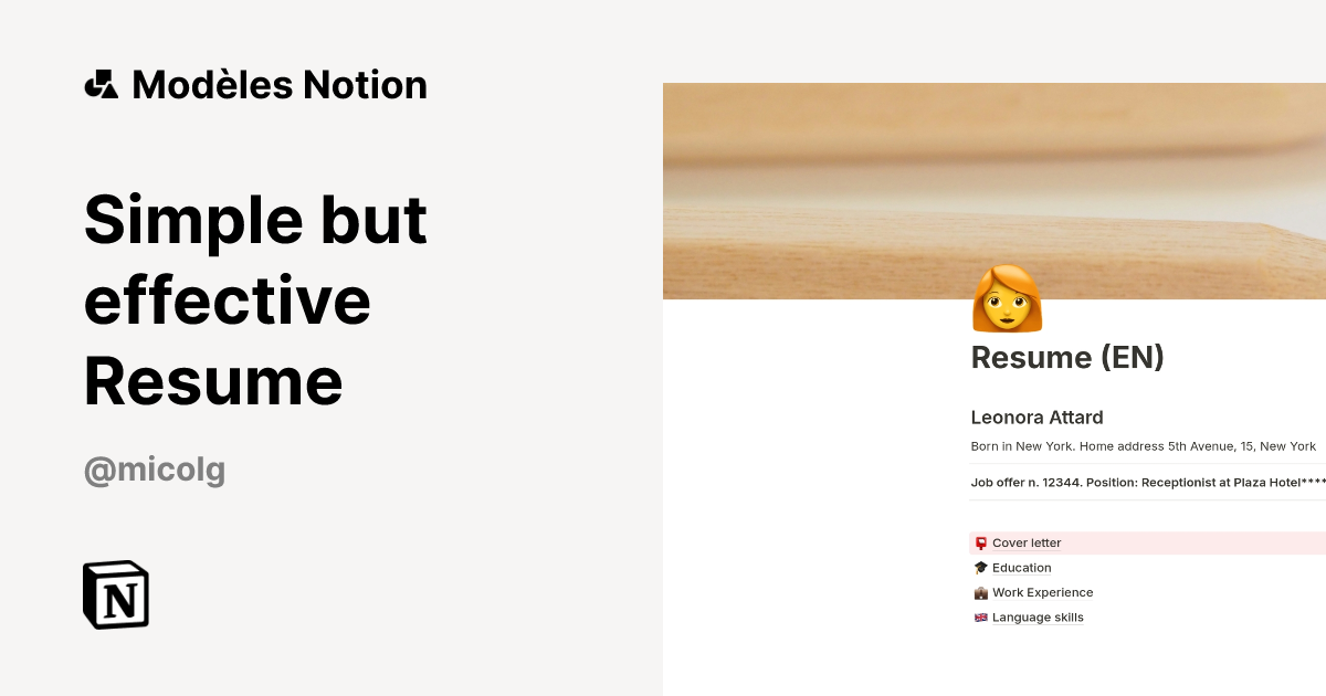 Simple but effective Resume | Modèle créé par Micol G. | Marketplace Notion