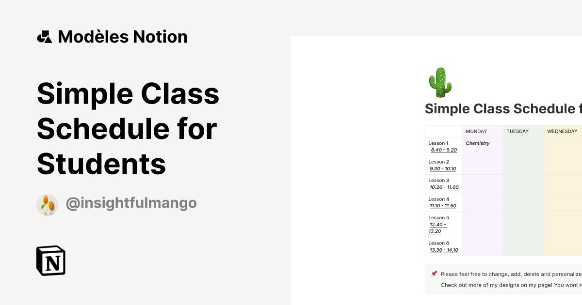 Simple Class Schedule for Students | Modèle créé par Insightful Mango ...