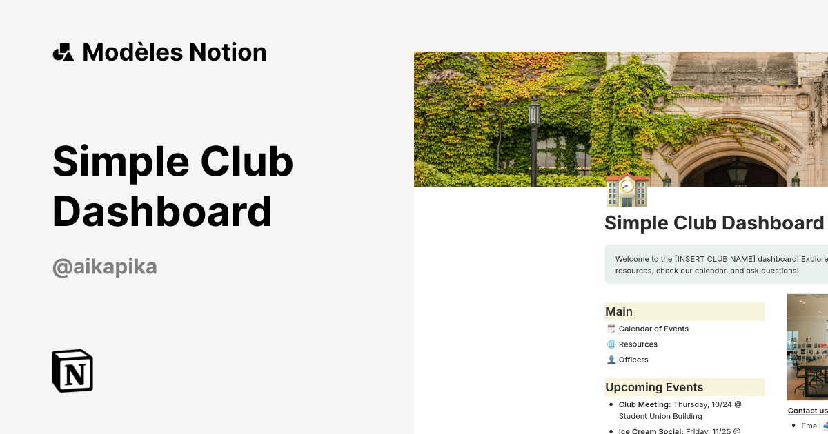 Simple Club Dashboard | Modèle créé par Aika | Marketplace Notion