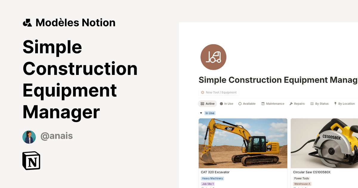 Simple Construction Equipment Manager | Modèle créé par Anaïs ...