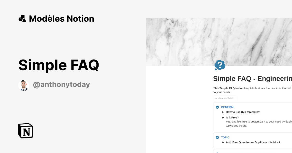 Modèle Simple FAQ | Marketplace Notion