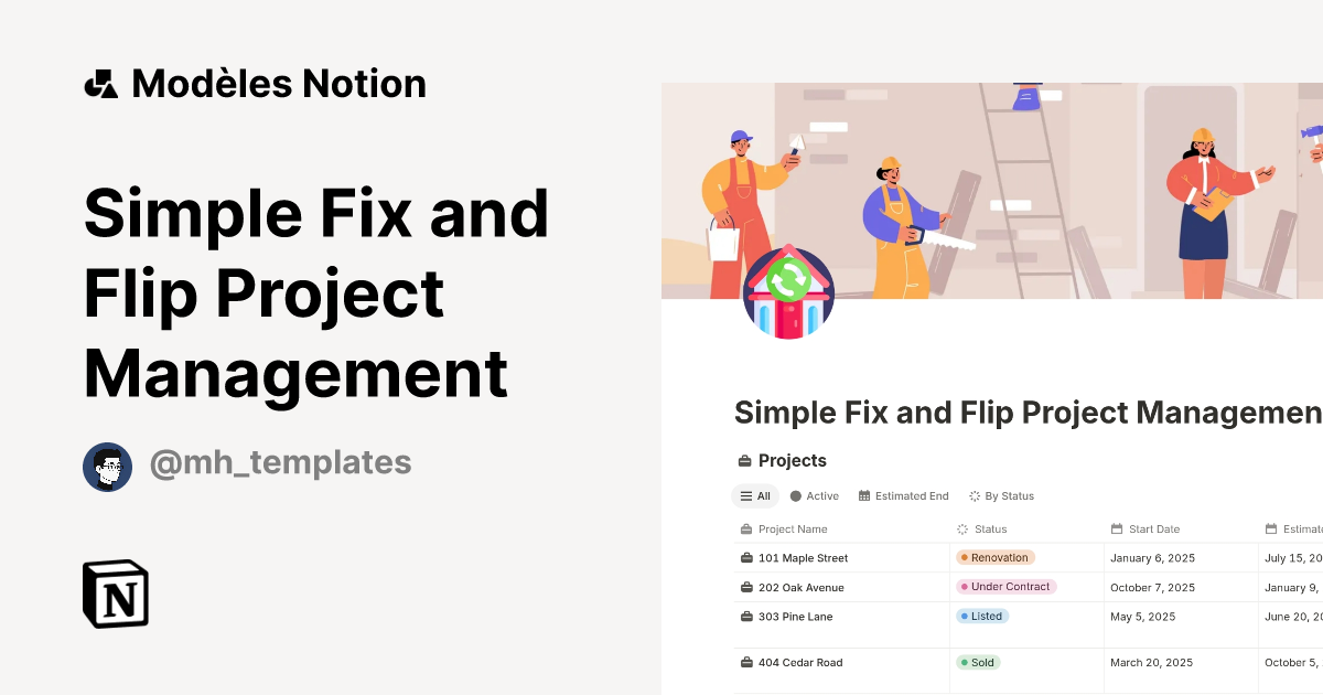 Simple Fix and Flip Project Management | Modèle créé par MH templates ...