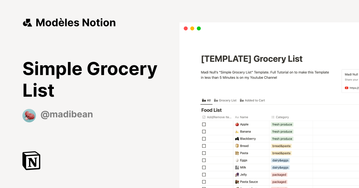 Modèle Simple Grocery List | Marketplace Notion