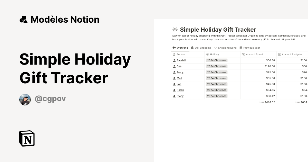 Simple Holiday Gift Tracker | Modèle créé par Chad Ashley | Marketplace Notion