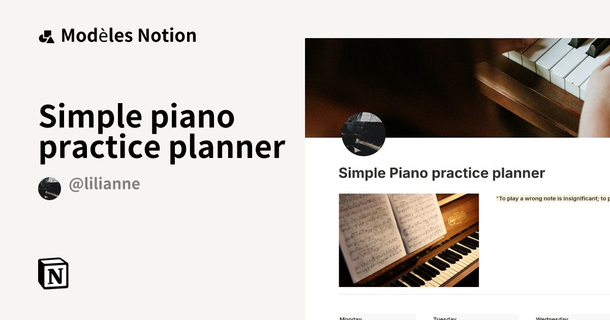 Modèle Simple piano practice planner | Marketplace Notion