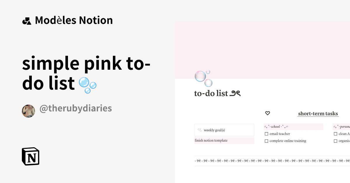 simple pink to-do list 🫧 | Modèle créé par Ruby | Marketplace Notion