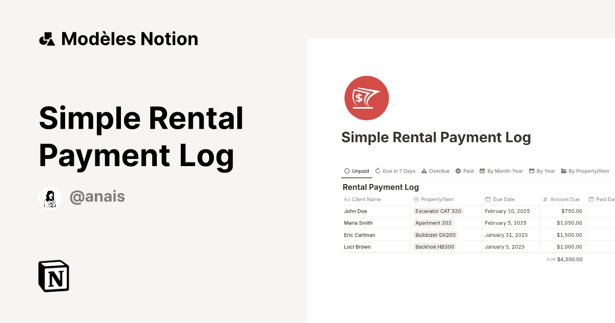 Simple Rental Payment Log | Modèle créé par Anaïs | Marketplace Notion