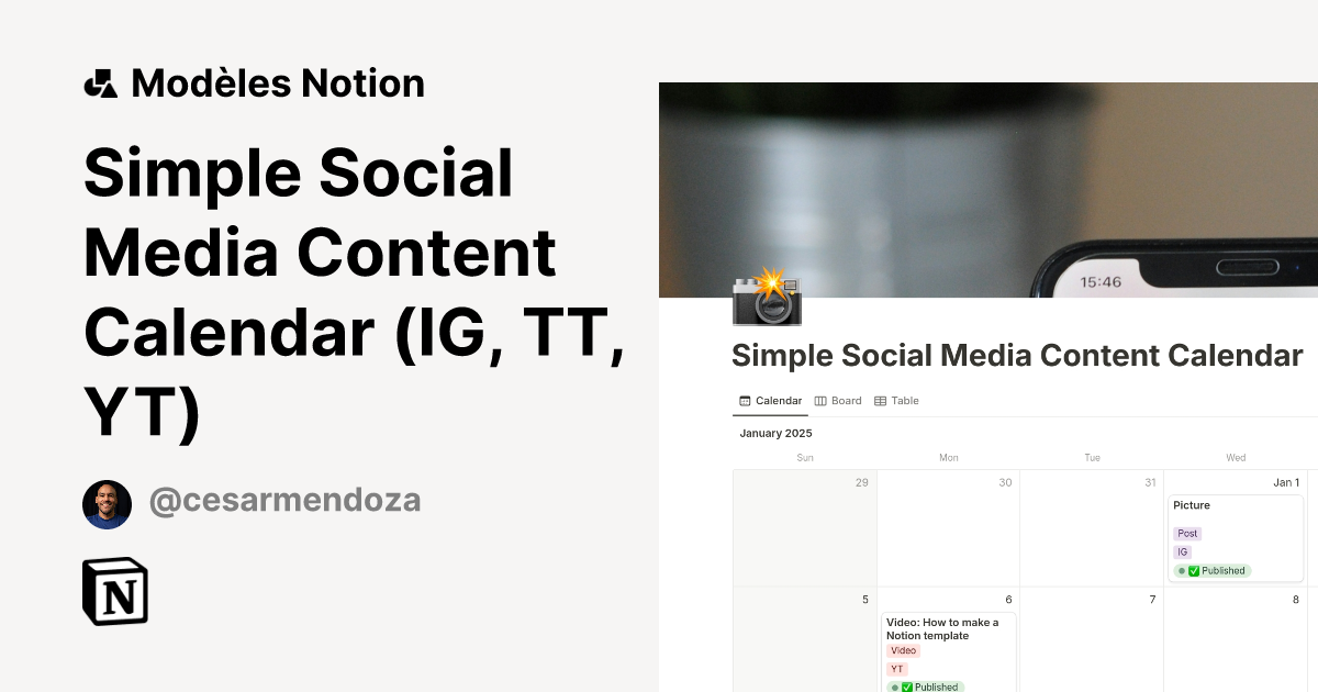Simple Social Media Content Calendar (IG, TT, YT) | Modèle créé par ...