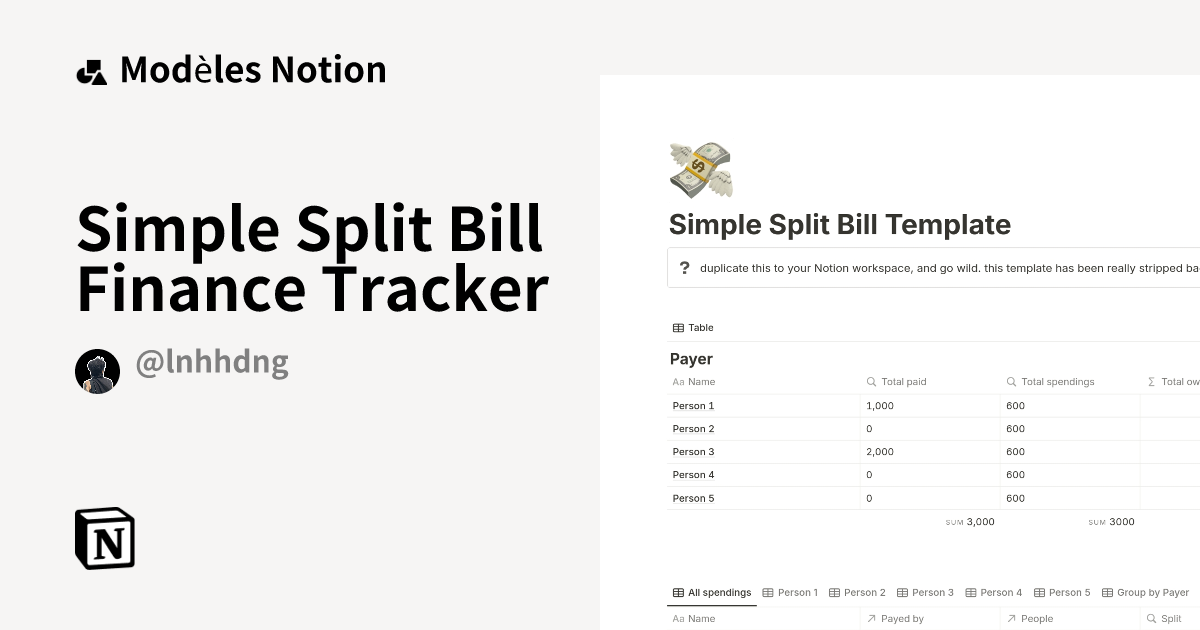 Simple Split Bill Finance Tracker | Modèle créé par Linh | Marketplace Notion