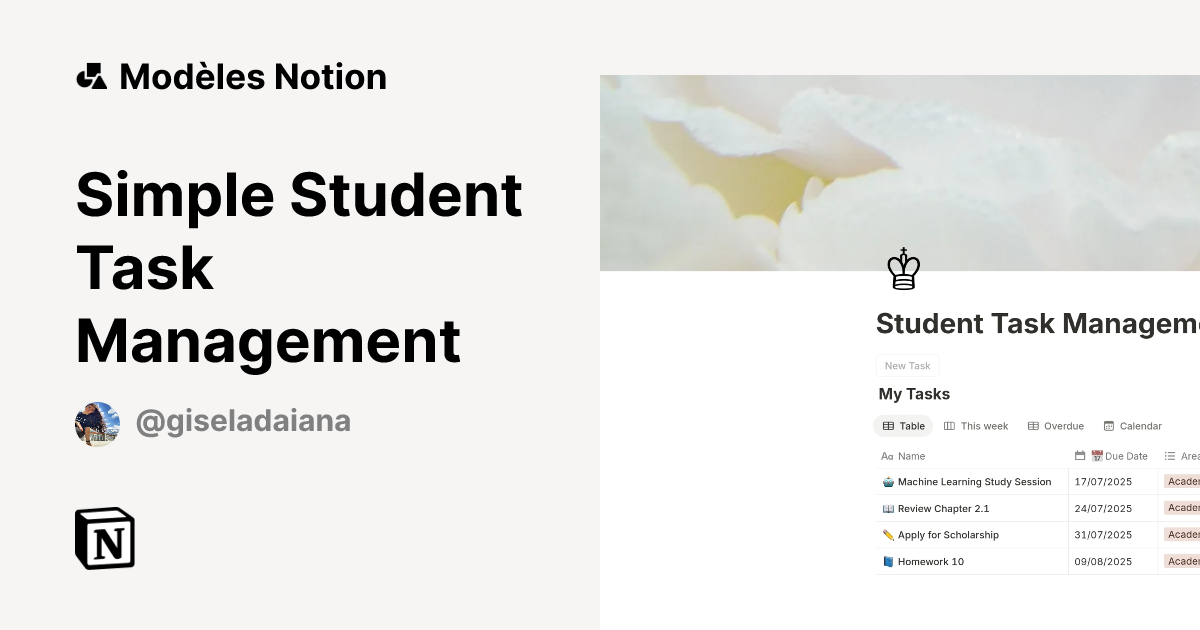 Modèle Simple Student Task Management | Marketplace Notion