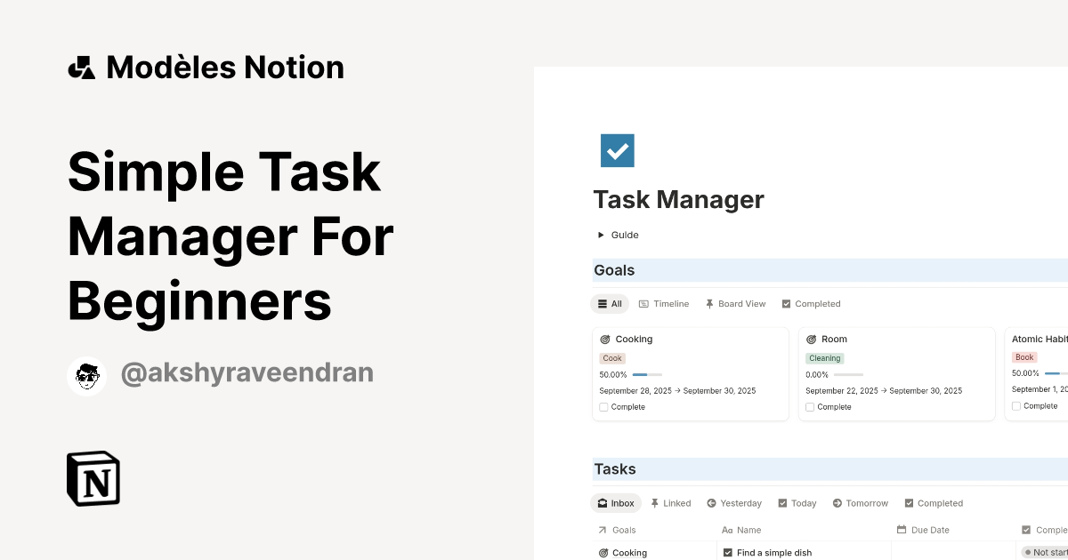Modèle Simple Task Manager For Beginners | Marketplace Notion