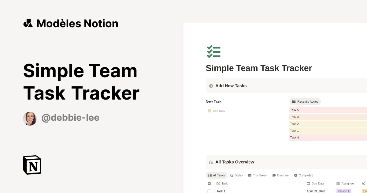 Simple Team Task Tracker | Modèle créé par Debbie Lee | Marketplace Notion