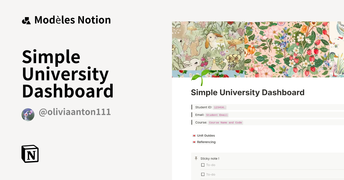 Modèle Simple University Dashboard | Marketplace Notion