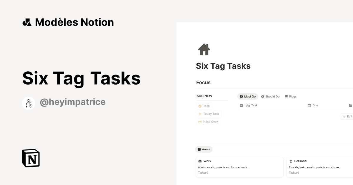 Six Tag Tasks | Modèle créé par Patrice | Marketplace Notion