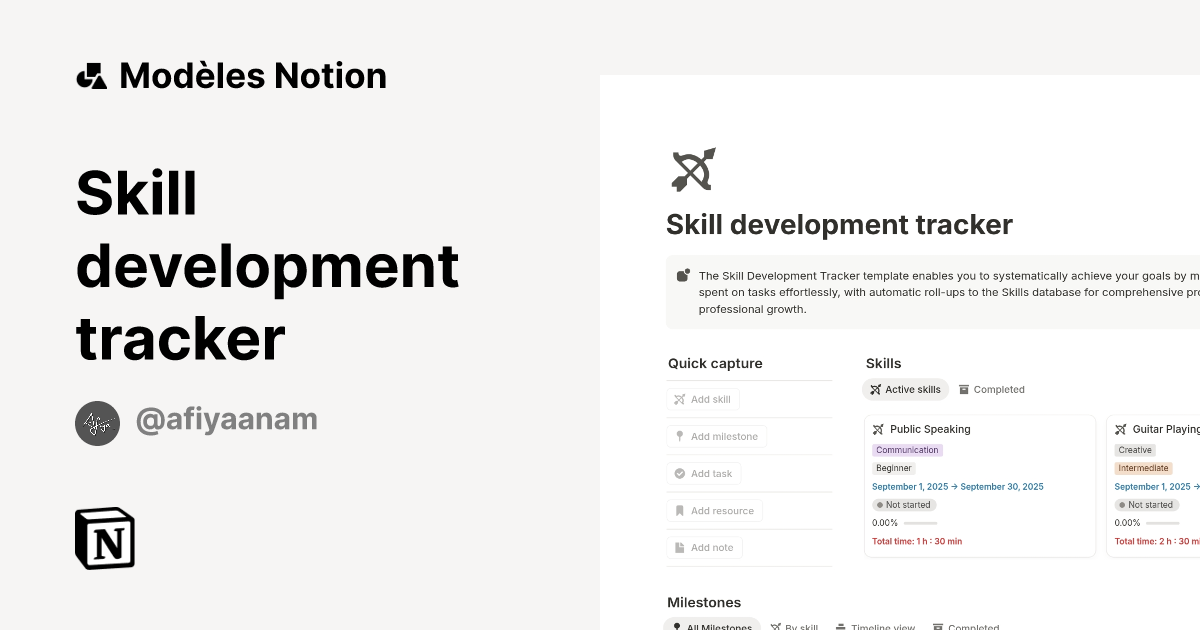 Skill development tracker | Modèle créé par Afiya | Marketplace Notion