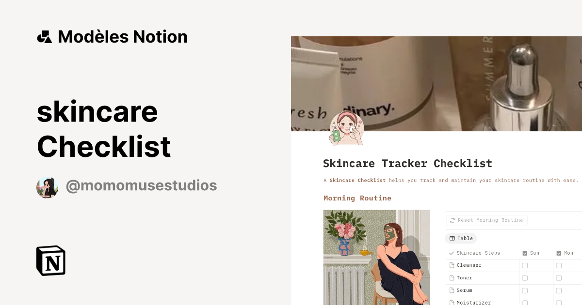Modèle skincare Checklist | Marketplace Notion