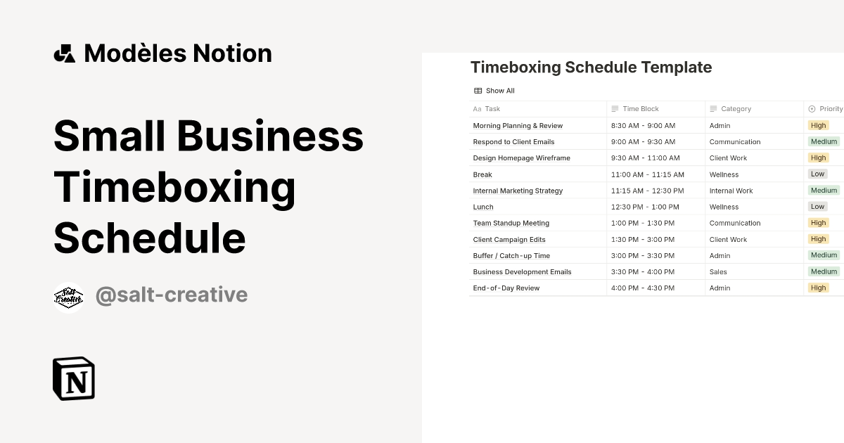 Modèle Small Business Timeboxing Schedule | Marketplace Notion
