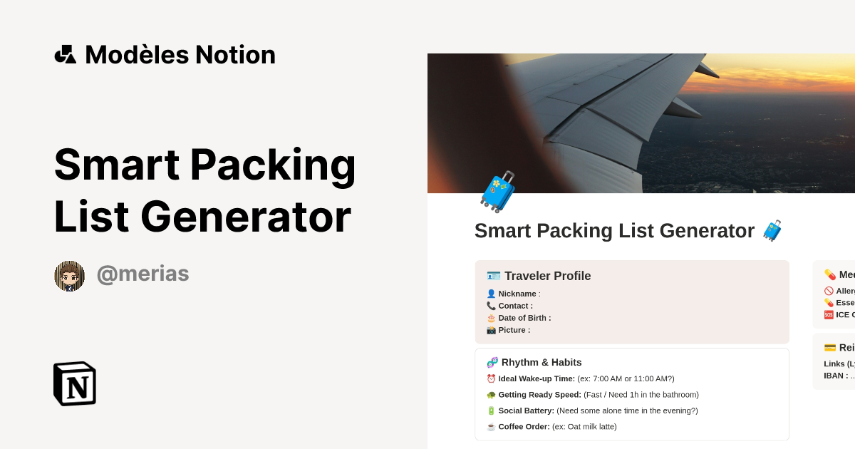 Smart Packing List Generator | Modèle créé par Merias | Marketplace Notion