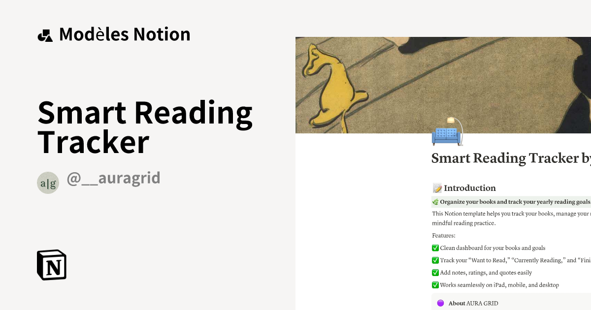 Smart Reading Tracker | Modèle créé par AURA GRID | Marketplace Notion