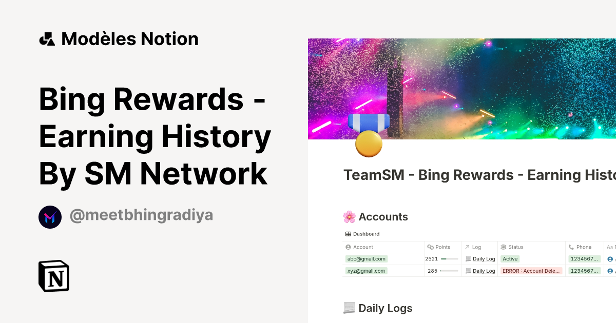 Modèle Bing Rewards - Earning History By SM Network | Marketplace Notion