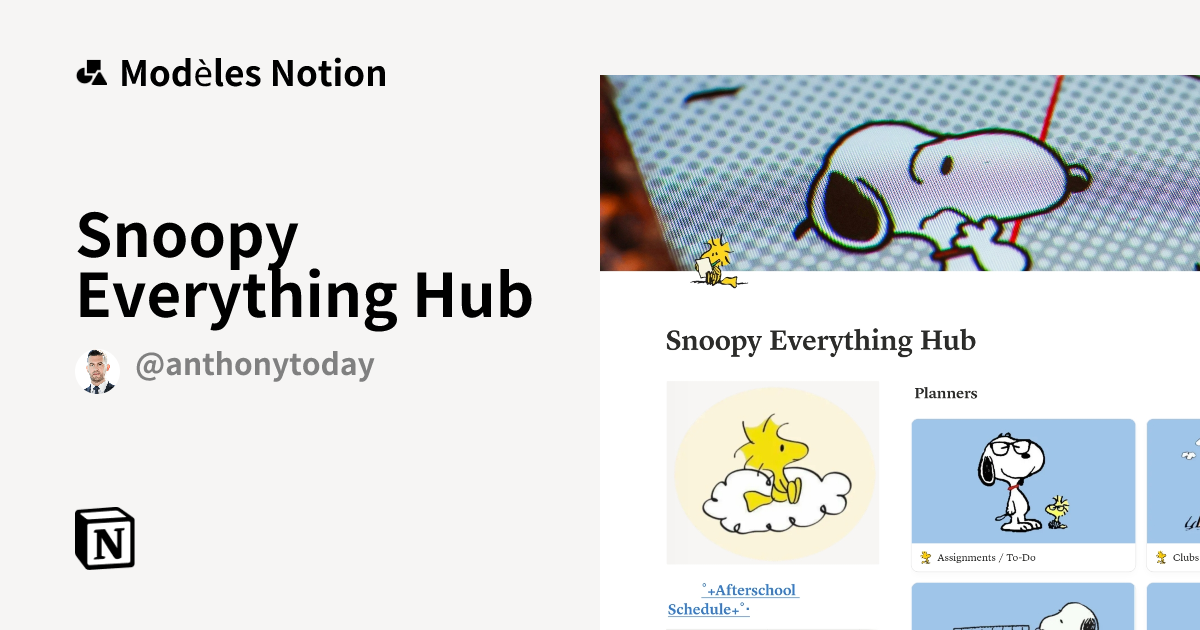 Snoopy Everything Hub | Modèle créé par AnthonyToday 🔐 | Marketplace Notion