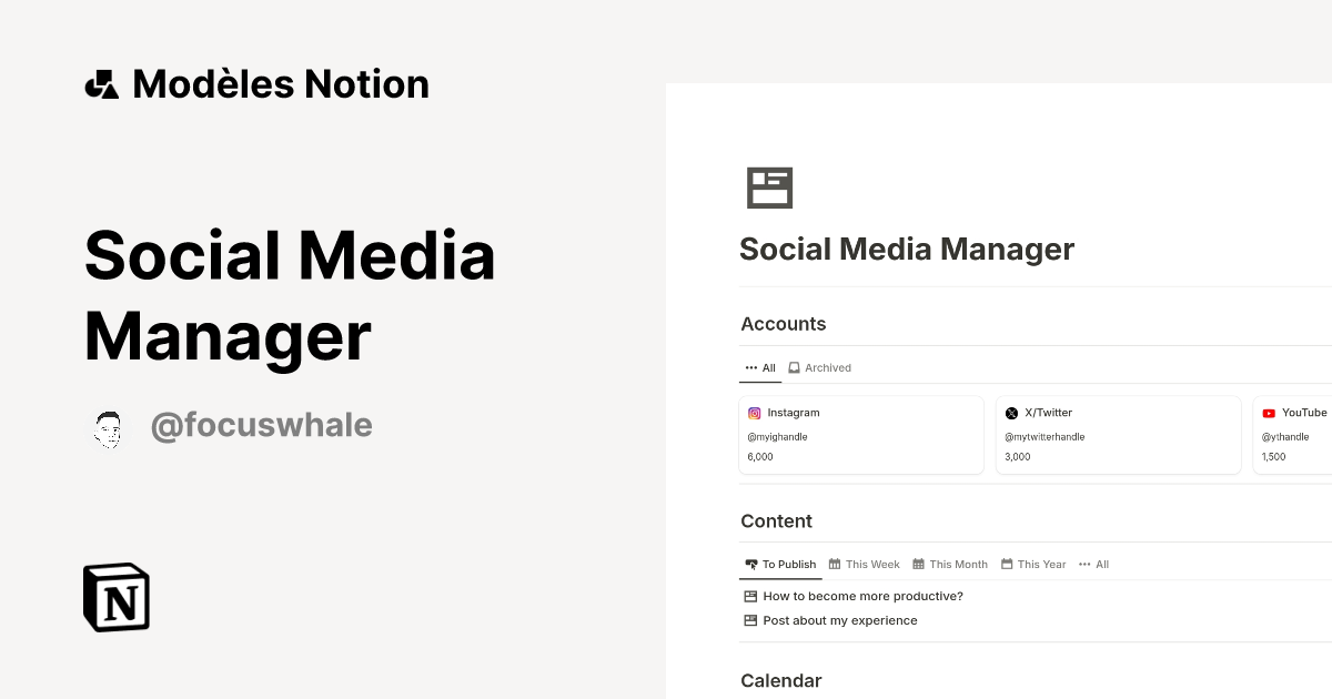 Social Media Manager | Modèle créé par FocusWhale | Marketplace Notion