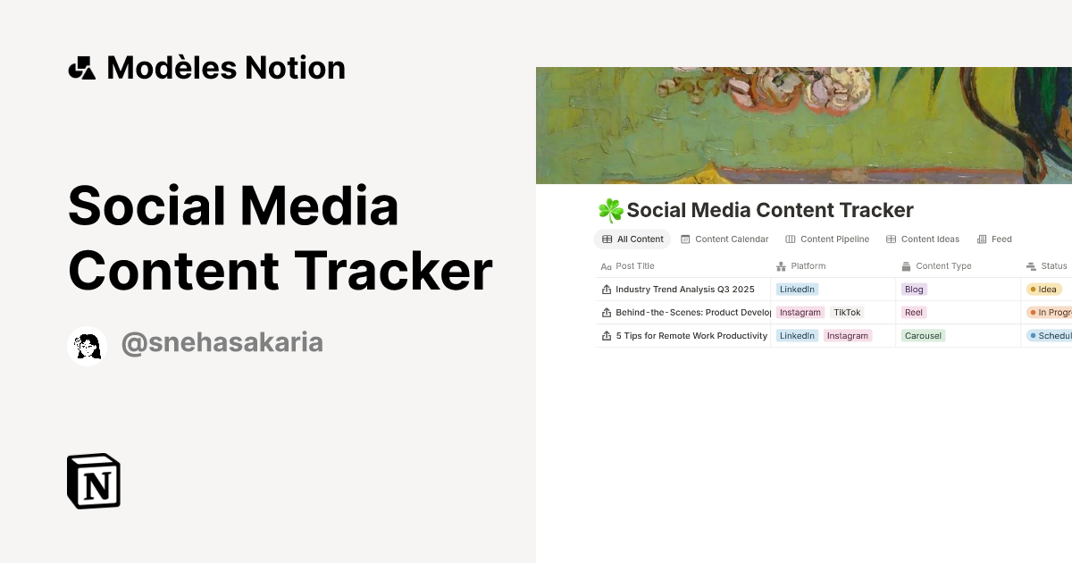 Social Media Content Tracker | Modèle créé par Sneha Sakaria ...